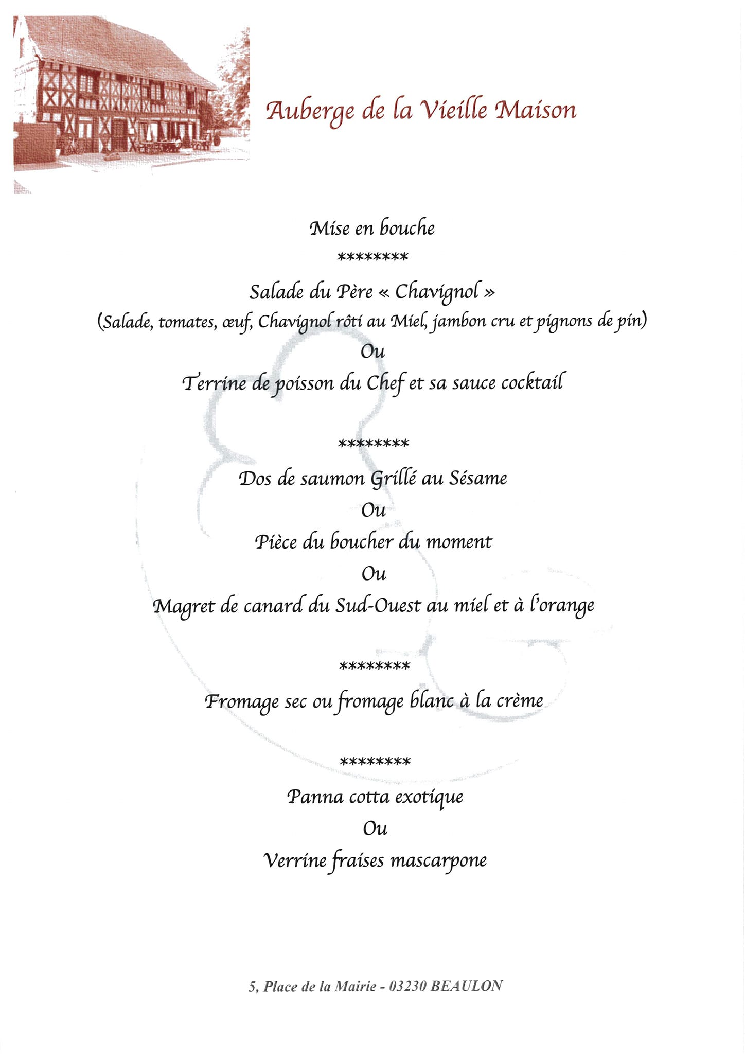 Menus - Auberge de la vieille maison